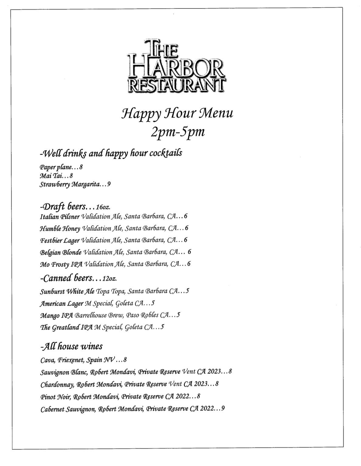 Happy Hour Menu - The Harbor Restaurant